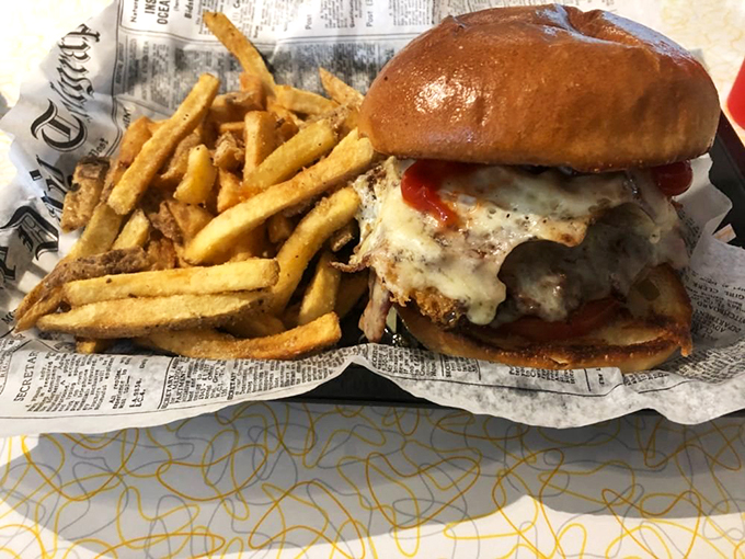 This isn't just a burger - it's breakfast's greatest hits album, starring a perfectly melted cheese encore on a golden brioche stage.