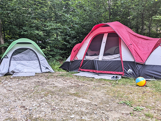 Home sweet temporary home! These colorful tents pop against the forest backdrop like modern-day Thoreau retreats, complete with beach ball.