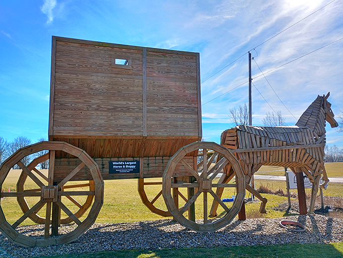 Up close and personal with a wooden wonder. It's like stepping into a life-sized Lincoln Log set designed by an Amish giant.