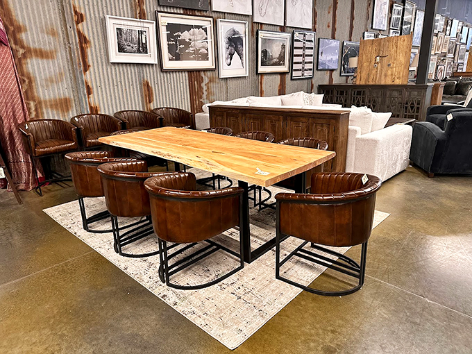 Gather 'round, folks! This dining set isn't just a table and chairs, it's a stage for family dramas, belly laughs, and the occasional food fight. Photo credit: Potato Barn