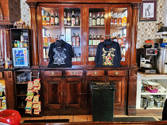 Whiskey lovers, rejoice! This display is like a library of liquid gold, each bottle telling its own story of the Old West.