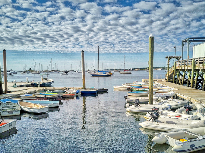 A perfect maritime ballet: Small boats and dinghies line up at the dock like eager performers waiting for their cue.