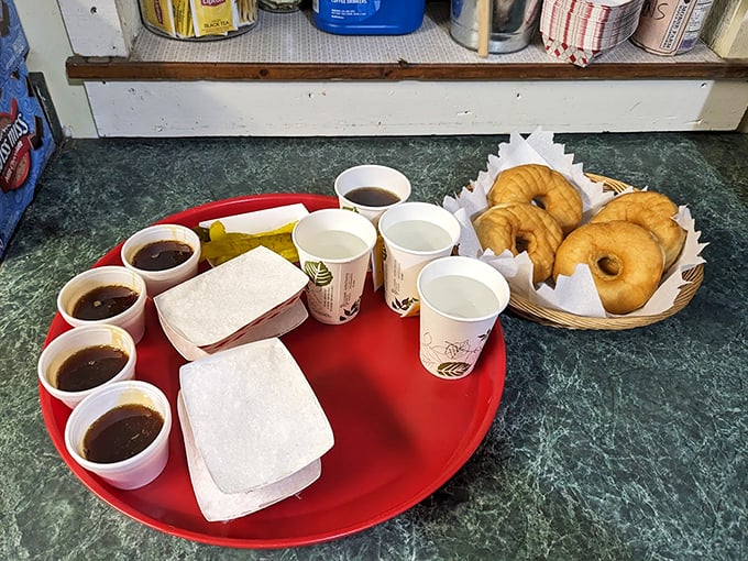 The breakfast of champions: maple-glazed donuts and syrup samples. Because sometimes you need dessert before noon.