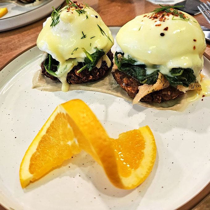 These eggs Benedict are so photogenic, they could have their own Instagram account. Just look at that golden yolk!