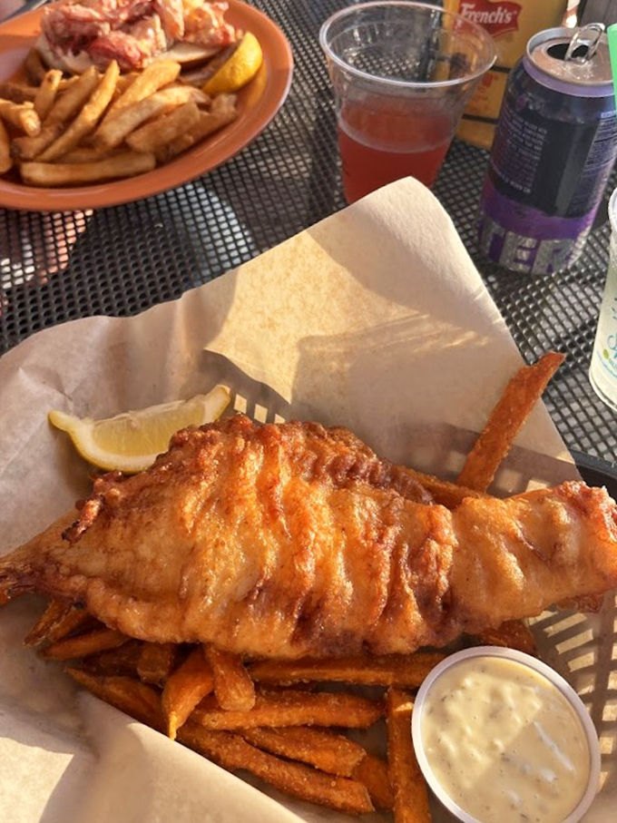Golden-battered haddock that's bigger than your plate, paired with crispy fries and a view that can't be beat.