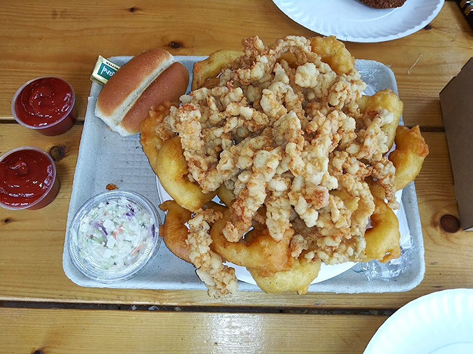 A mountain of perfectly fried clams nestled against golden fries, with house-made coleslaw standing guard like a creamy sentinel.