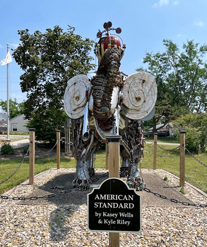 Like a steampunk dream come to life, the elephant's intricate design includes everything from vintage signs to industrial parts.