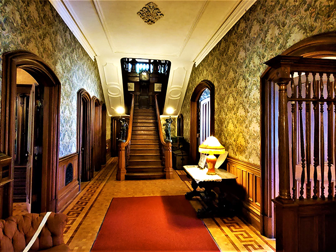 This grand entrance hall, with its sweeping staircase and intricate wallpaper, whispers tales of 19th-century soir&eacute;es and society gossip.