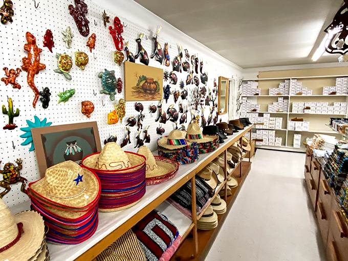 Straw sombreros and southwestern decor create a vibrant display that captures the spirit of the American Southwest.