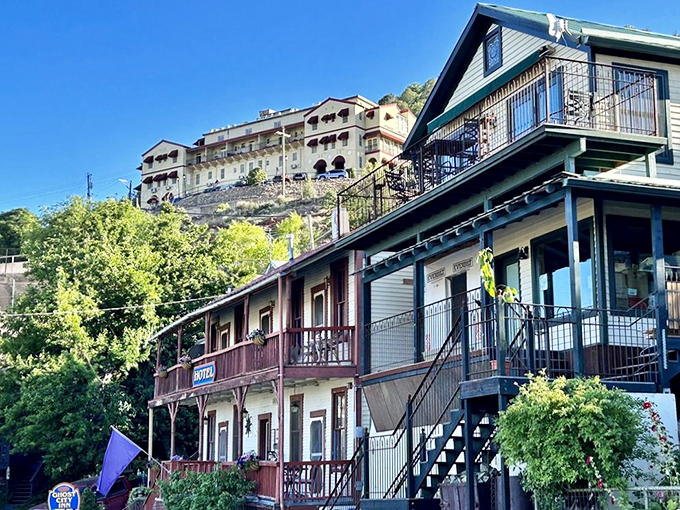 Jerome's houses play a real-life game of Jenga with gravity. Each building seems to dare the next, "I bet you can't lean further than me!" 