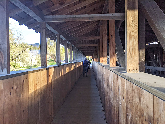 Welcome to the bridge's belly! This wooden wonderland is like walking through the ribcage of a gentle, historical giant.