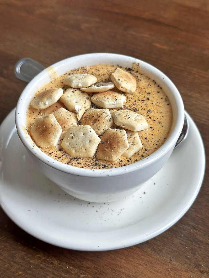 This isn't just lobster bisque &ndash; it's a creamy masterpiece topped with oyster crackers that float like delicious little life rafts. Photo credit: Brian K.