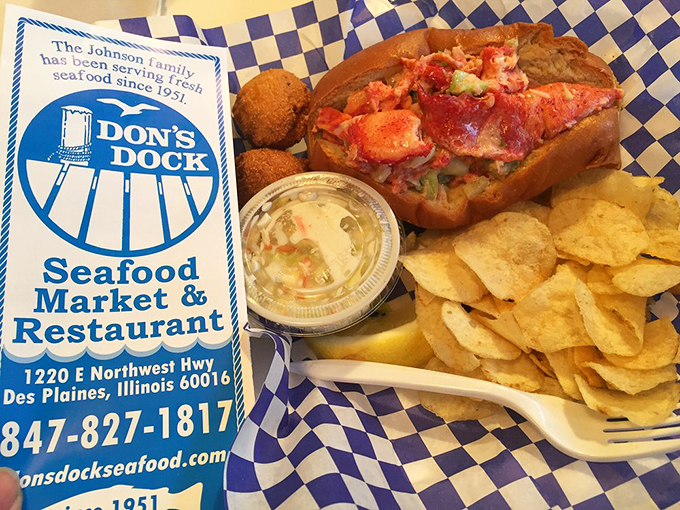 The classic coastal combo gets a Midwest makeover: a generous lobster roll, crispy chips, and zero pretense.