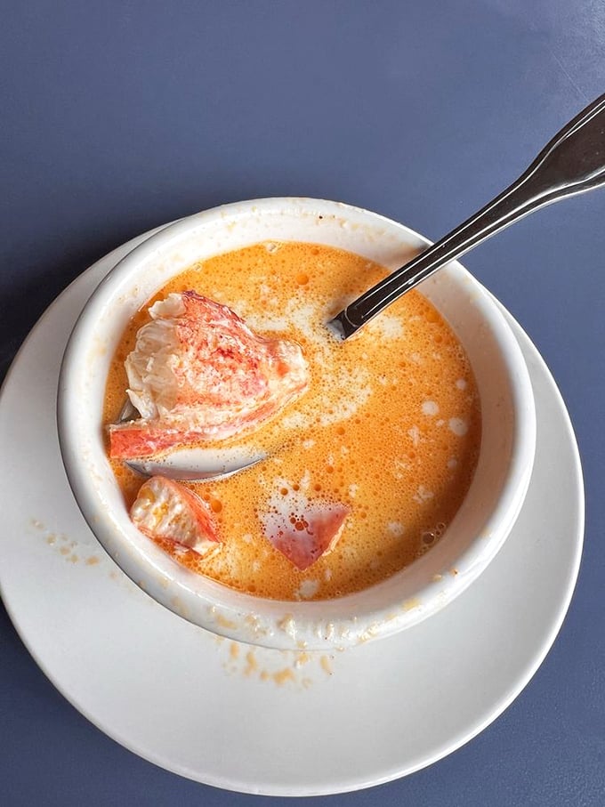 This isn't just lobster stew &ndash; it's a creamy bowl of Maine comfort, with chunks of lobster playing hide and seek. Photo credit: Emily H.