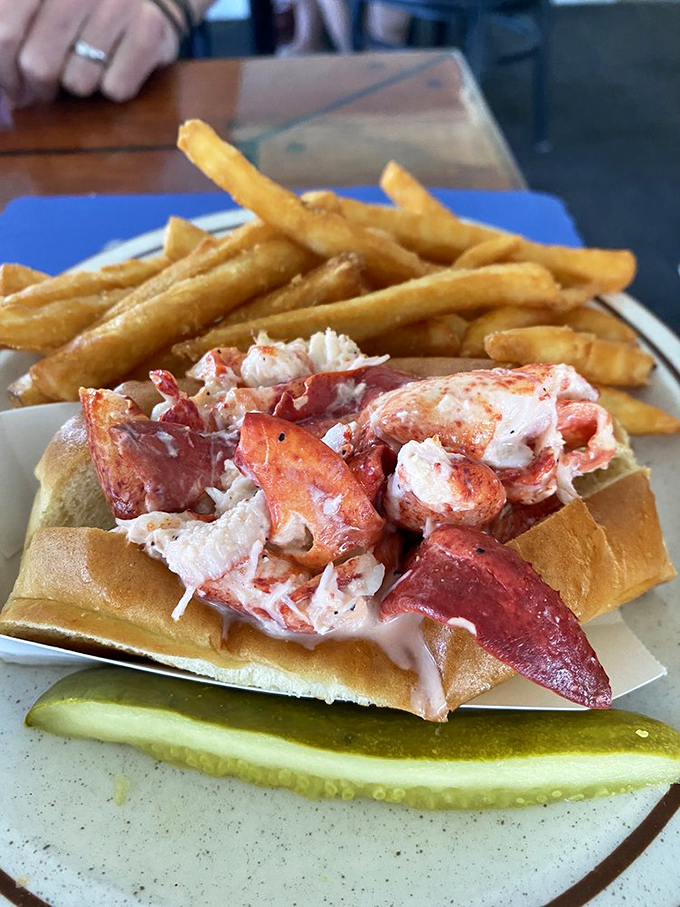 The crown jewel of Maine cuisine! This lobster roll is so packed, it's practically doing bicep curls. Fries on the side? That's what we call a balanced diet.