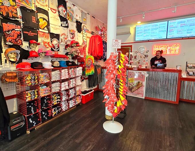 The merch corner looks like what would happen if a rock band decided to open a seafood joint instead of touring.