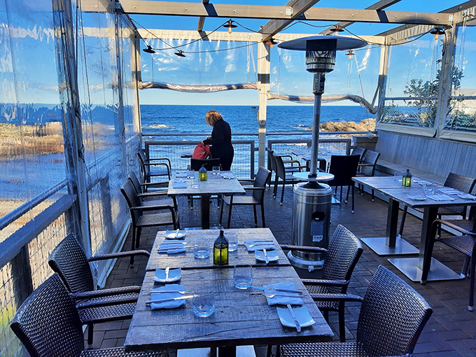 Winter dining with summer views &ndash; clear panels and heaters let you enjoy oceanfront dining even when Maine gets chilly. Photo credit: Anthony McLendon