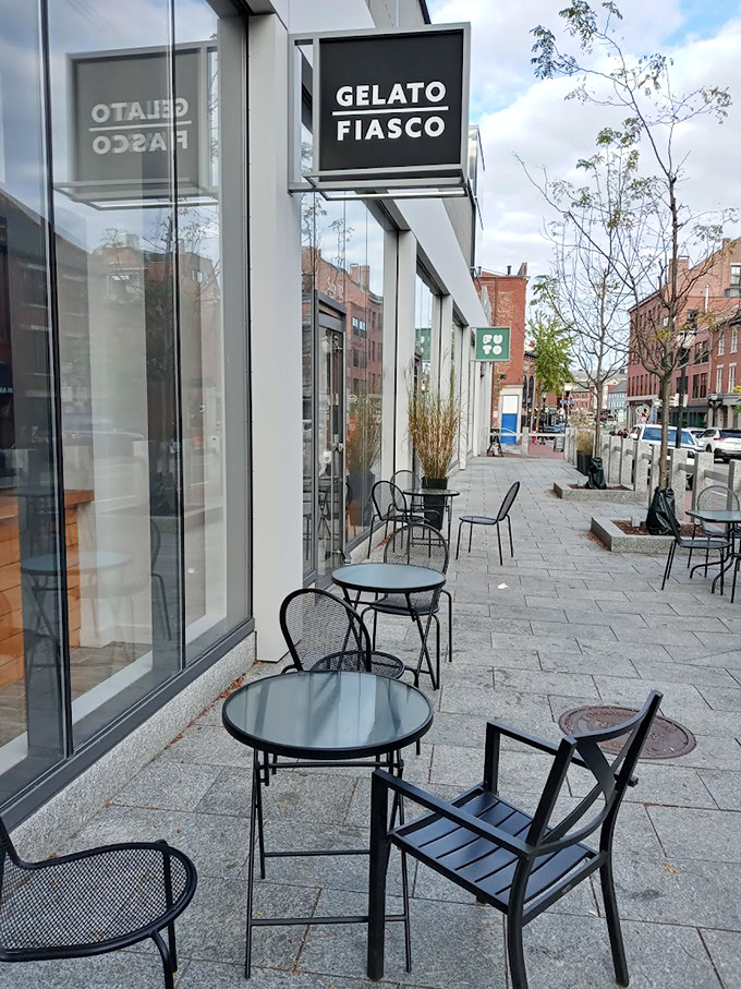 Portland's charming brick backdrop provides the perfect setting for enjoying your gelato al fresco on these sleek cafe tables.