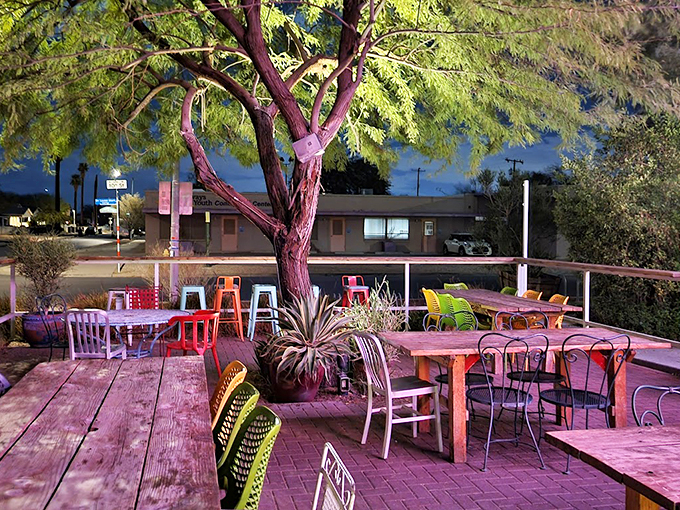 Desert nights transform this patio into a magical garden, with twinkling lights and mismatched chairs adding whimsical charm.
