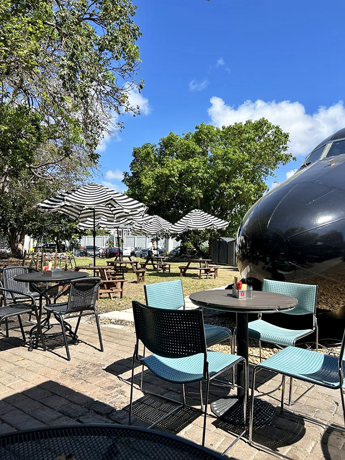 The shaded outdoor seating area offers a perfect spot to watch planes that still have somewhere to go.