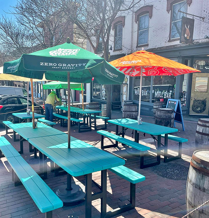 Outdoor dining that's more refreshing than a dip in Lake Champlain. These turquoise tables are the perfect spot to soak up some Vermont sunshine and local brews.