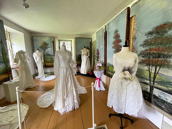 Victorian wedding gowns tell tales of romance past, while hand-painted murals create the perfect backdrop for these timeless treasures.