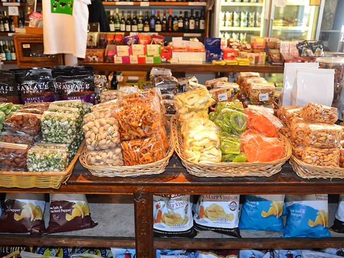 Nature's candy store: Local nuts, dried fruits, and snacks line wooden shelves like a treasure chest of healthy indulgences.