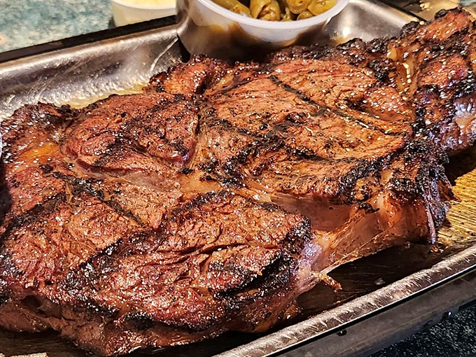 Behold, the crown jewel of beef! This ribeye is so perfectly charred, it could make a vegetarian question their life choices.