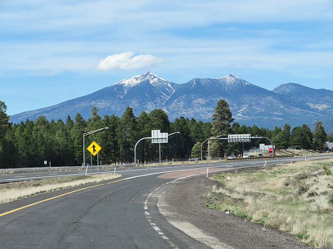 Road trip bingo, anyone? Spot the deer crossing sign, snow-capped peaks, and endless blue skies. Warning: Jaw-dropping views may cause sudden stops. Photo credit: darts389