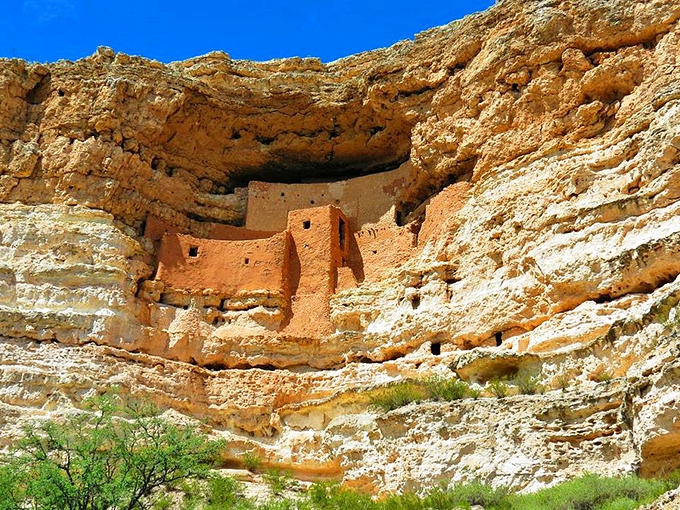 Montezuma Castle stands like an ancient penthouse apartment, carved into limestone cliffs over 800 years ago.