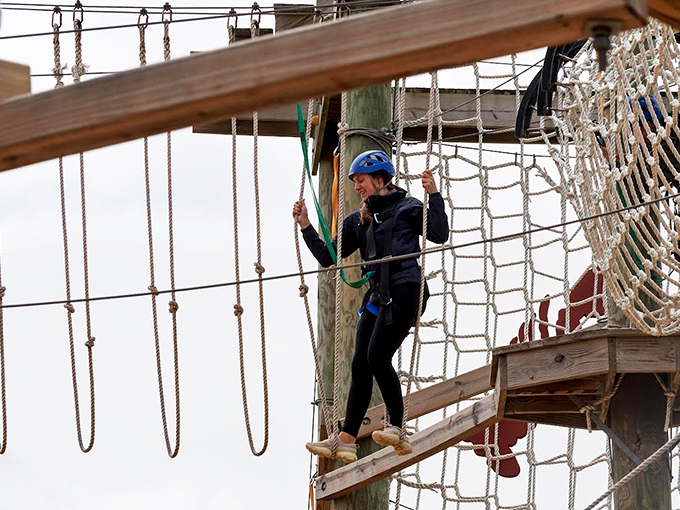 Like a giant's game of cat's cradle, the intricate web of ropes and platforms beckons thrill-seekers to test their mettle. Photo credit: Brenna McCoubrey