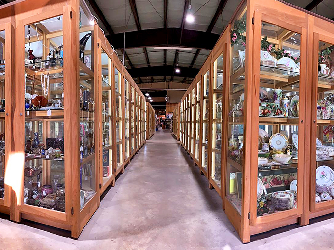 A corridor of memories illuminated by warm lighting, where vintage glassware sparkles like diamonds in a time traveler's collection.