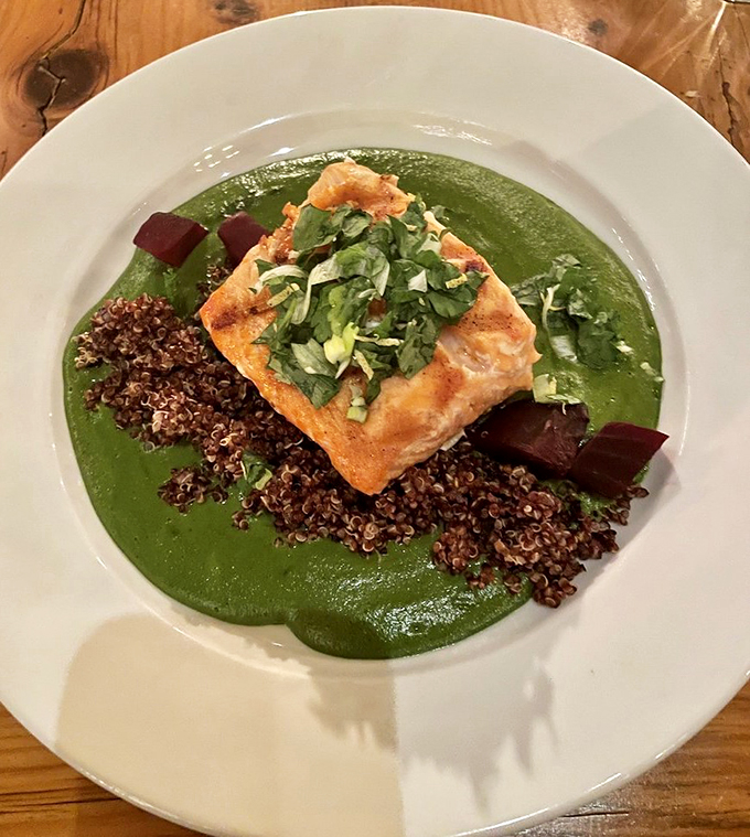 This isn't just salmon, it's a work of art. Picasso had his Blue Period; The Barn has its Green Period, and it's delicious.