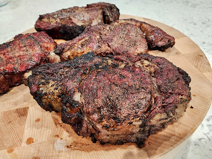 These thick-cut steaks sport the kind of crust that makes meat lovers weak in the knees. Pure protein perfection.