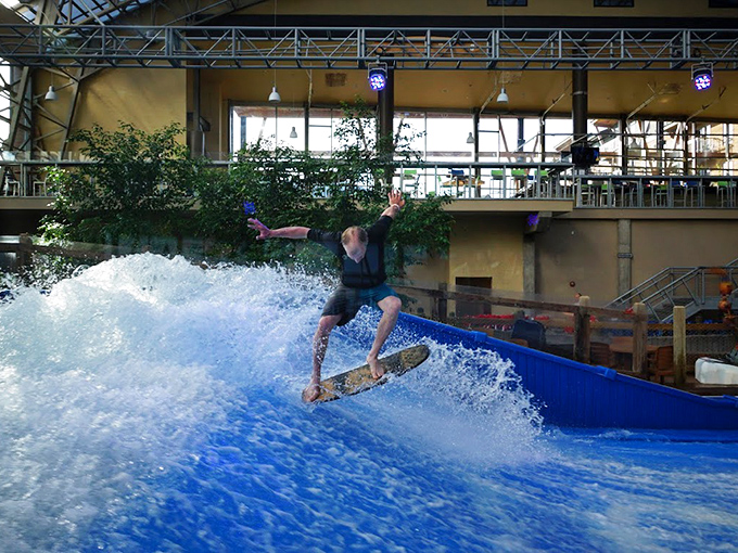Surf's up! The Double Barrel FlowRider lets landlocked Vermonters catch waves without worrying about sharks or salt water.