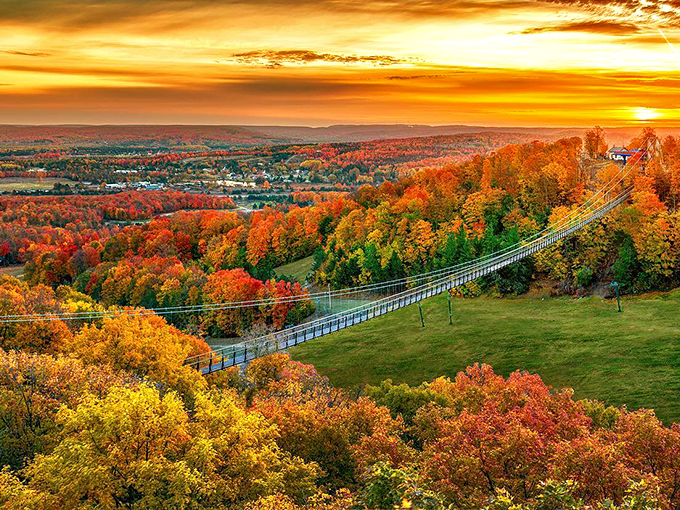 Sunset paints the SkyBridge in golden light, transforming it into a radiant path between earth and sky. Indiana Jones, eat your heart out!