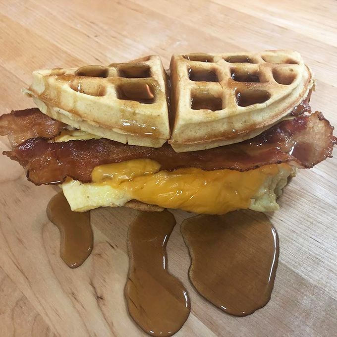 Breakfast of champions or dessert for dinner? This bacon waffle sandwich laughs in the face of meal conventions, much like Elvis did with his famous preferences.