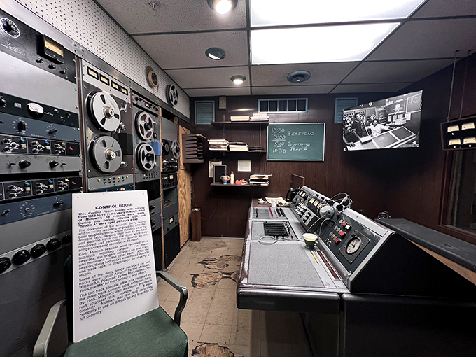 The control room remains frozen in time, complete with vintage equipment that captured some of history's most soulful sounds.