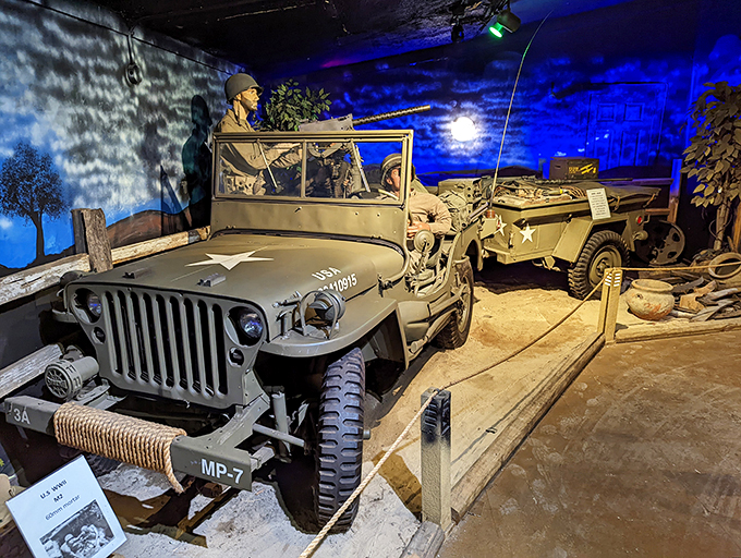 From D-Day to display day: This vintage military Jeep stands ready to serve, reminding us that some heroes have four wheels instead of capes.