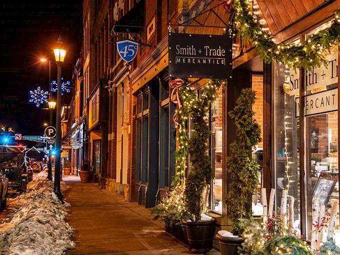 Window shopping takes on new meaning when every storefront looks like Santa's workshop. Is that Smith + Trade or the North Pole?