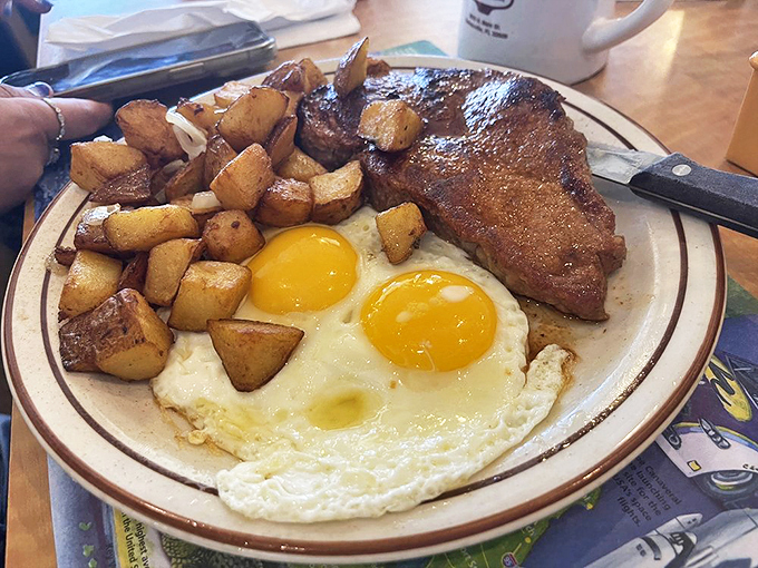 Steak and eggs: the breakfast of champions, or at least those who aren't counting calories. This plate is a carnivore's dream come true! Photo credit: John T.