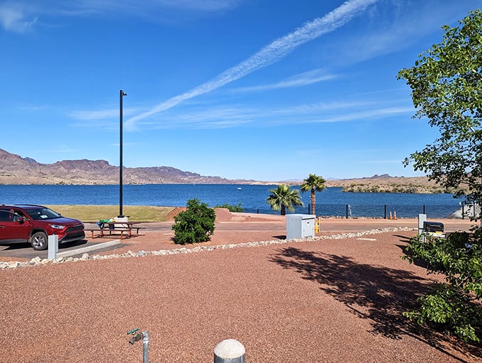 The parking area at Cattail Cove State Park offers stunning views of the lake and surrounding mountains, with convenient amenities including picnic tables and palm trees dotting the desert landscape.