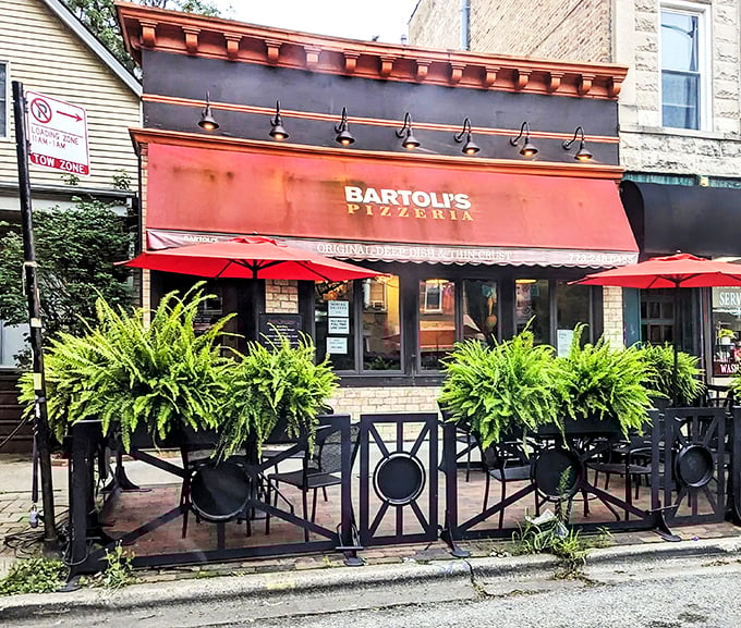 Bartoli's red awning is like a superhero cape for pizza. Inside, deep-dish delights await to save you from hunger.