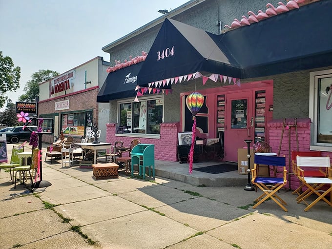 Pink flamingos lead the way to retro paradise! It's like the 1950s and today had a neon-colored love child.