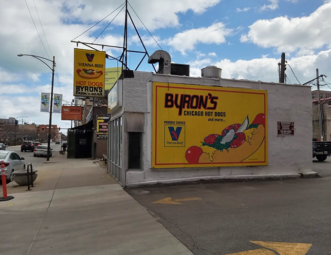 Hot dogs with a side of urban charm! Byron's stands proud amidst the city bustle, a beacon of deliciousness for weary travelers and locals alike.