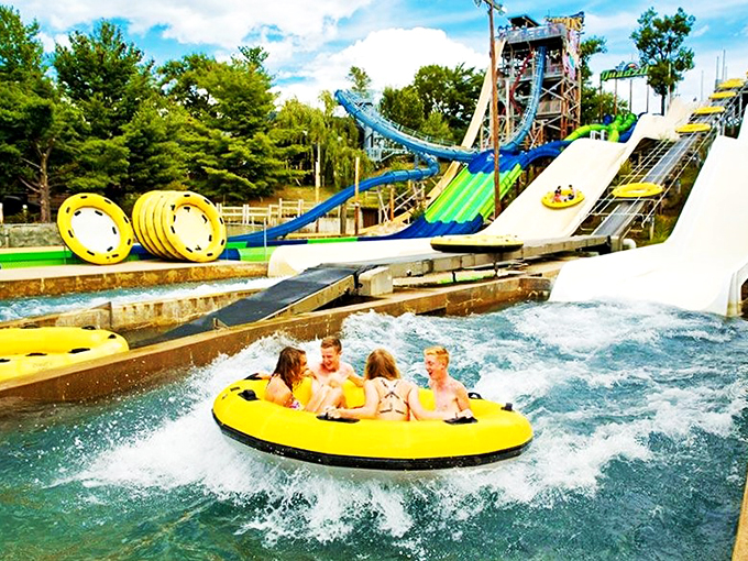 The lazy river winds through a tropical landscape that makes you forget you're in the heart of Wisconsin.