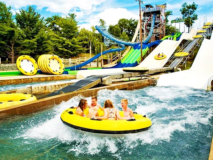 The lazy river winds through a tropical landscape that makes you forget you're in the heart of Wisconsin.