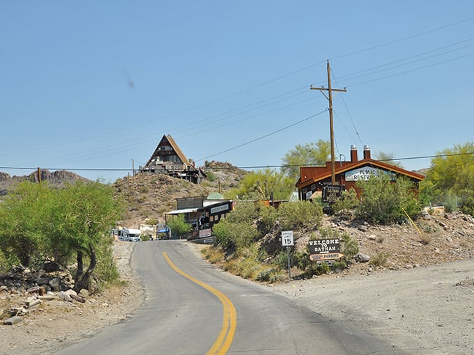 Welcome to Oatman, where "Watch for Crossing Animals" signs aren't just for decoration. Burro crossing ahead!