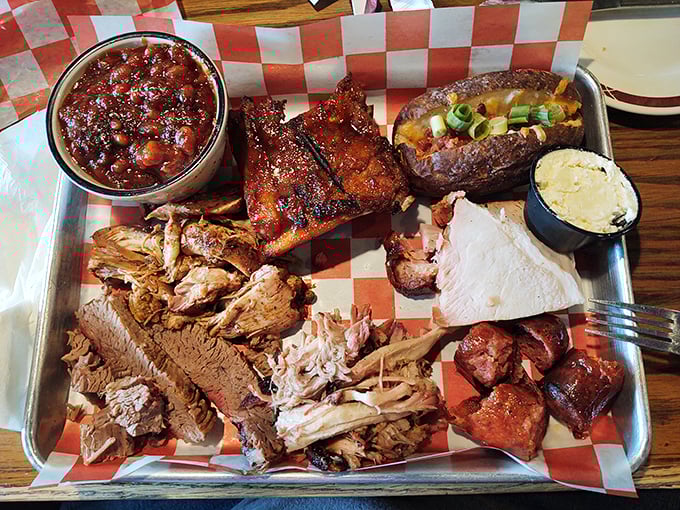 Behold, the barbecue motherload! This platter is like a meaty treasure map, and X marks the spot for flavor town.