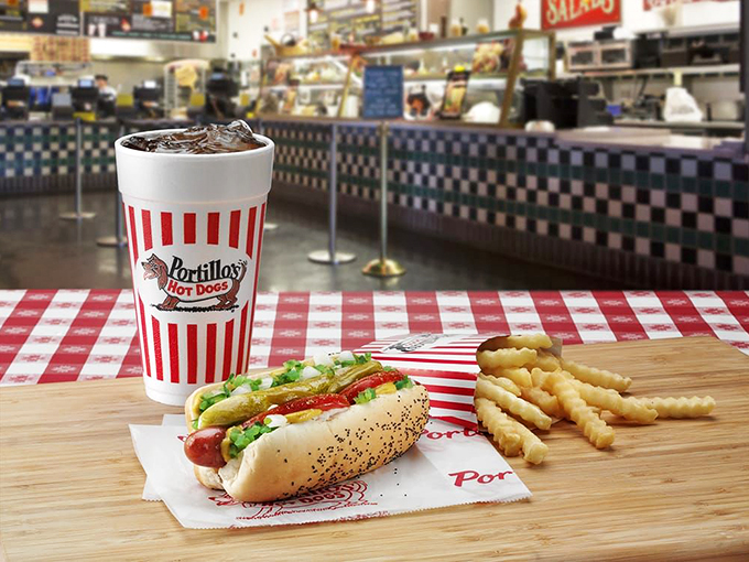 Holy relish, Batman! This Chicago-style hot dog is a garden party in a bun, with a side of golden fries for good measure.